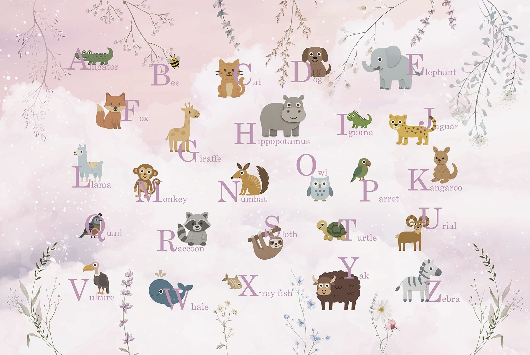 Papier peint Affiche avec des animaux et des lettres : w03809 - Tapeko.fr